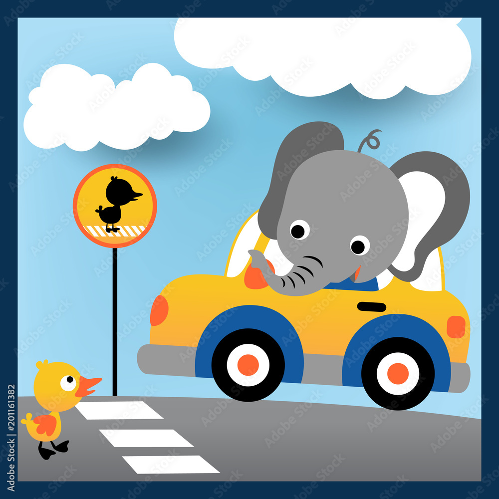 Driving in the road city with happy elephant and friend, vector cartoon ...