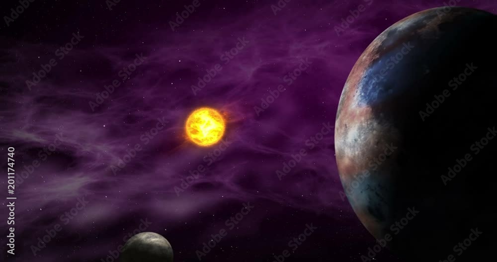 Travel by distant solar system between planets. Sun, nebula clouds ...