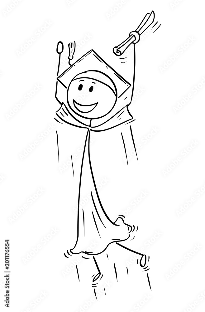 Cartoon stick man drawing conceptual illustration of graduate young man ...
