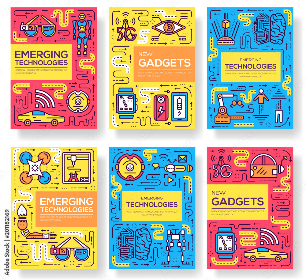 Technology vector brochure cards thin line set. Automation template of ...