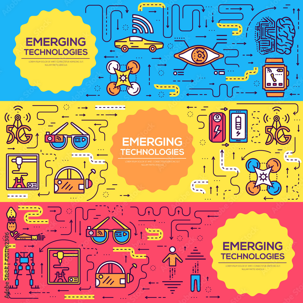 Technology vector brochure cards thin line set. Automation template of ...
