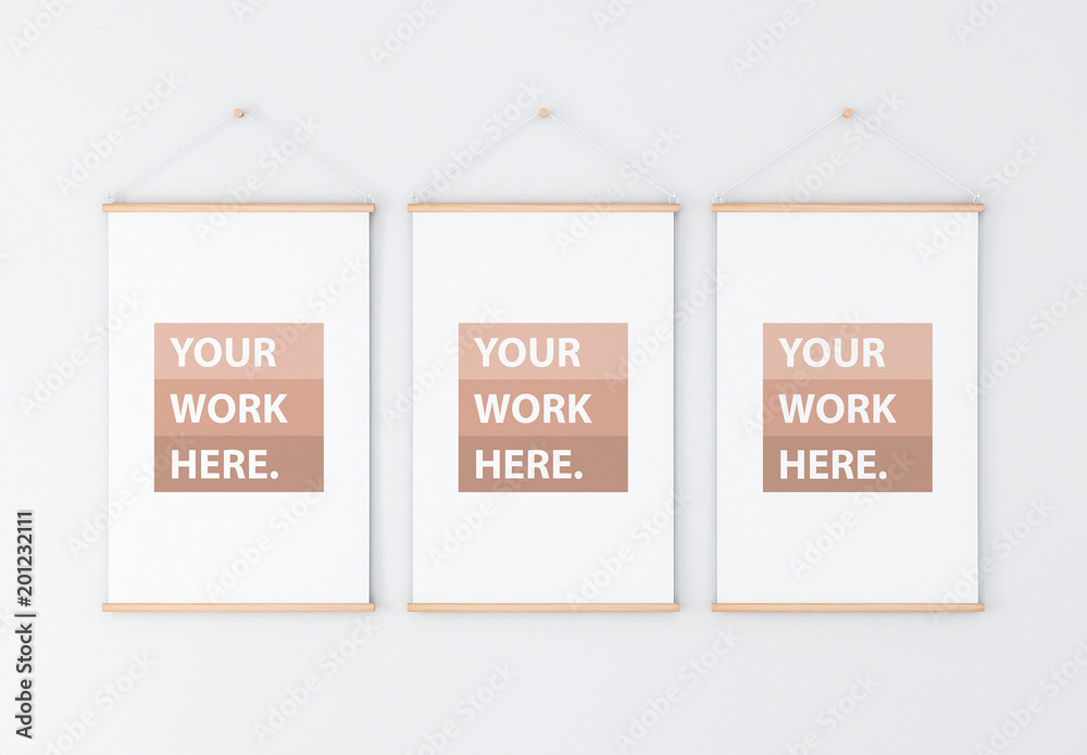 3 Vertical Roll-Up Posters on Wall Mockup Stock Template | Adobe Stock