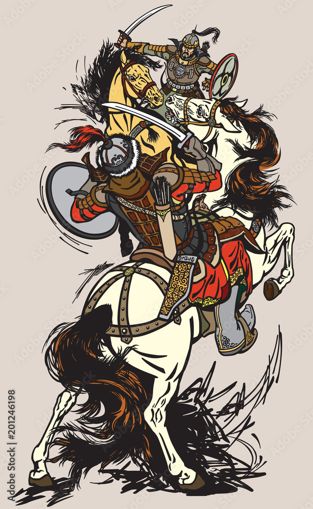 Combat of Mongolian warriors. Horsemen soldiers sitting on pony horses ...