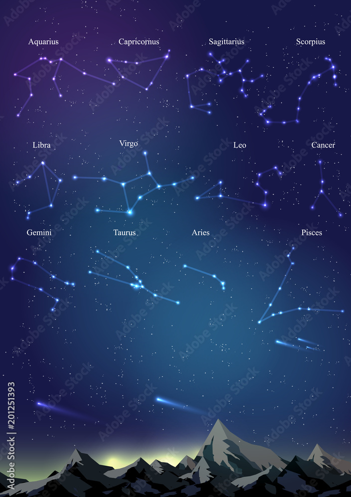12 Zodiac Constellations Star Maps over Mountains on the Night Sky ...