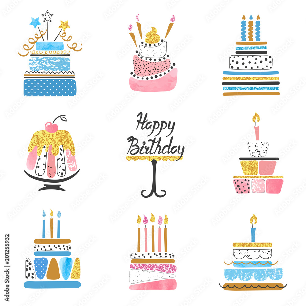 Hand drawn Birthday cakes big set. Vector watercolor illustration ...