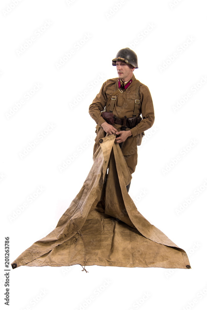 Male actor in the form of an ordinary soldier infantryman of the ...