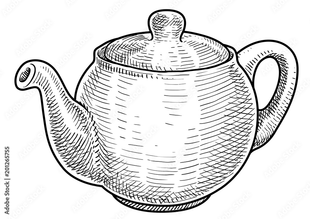 Teapot illustration, drawing, engraving, ink, line art, vector Stock ...