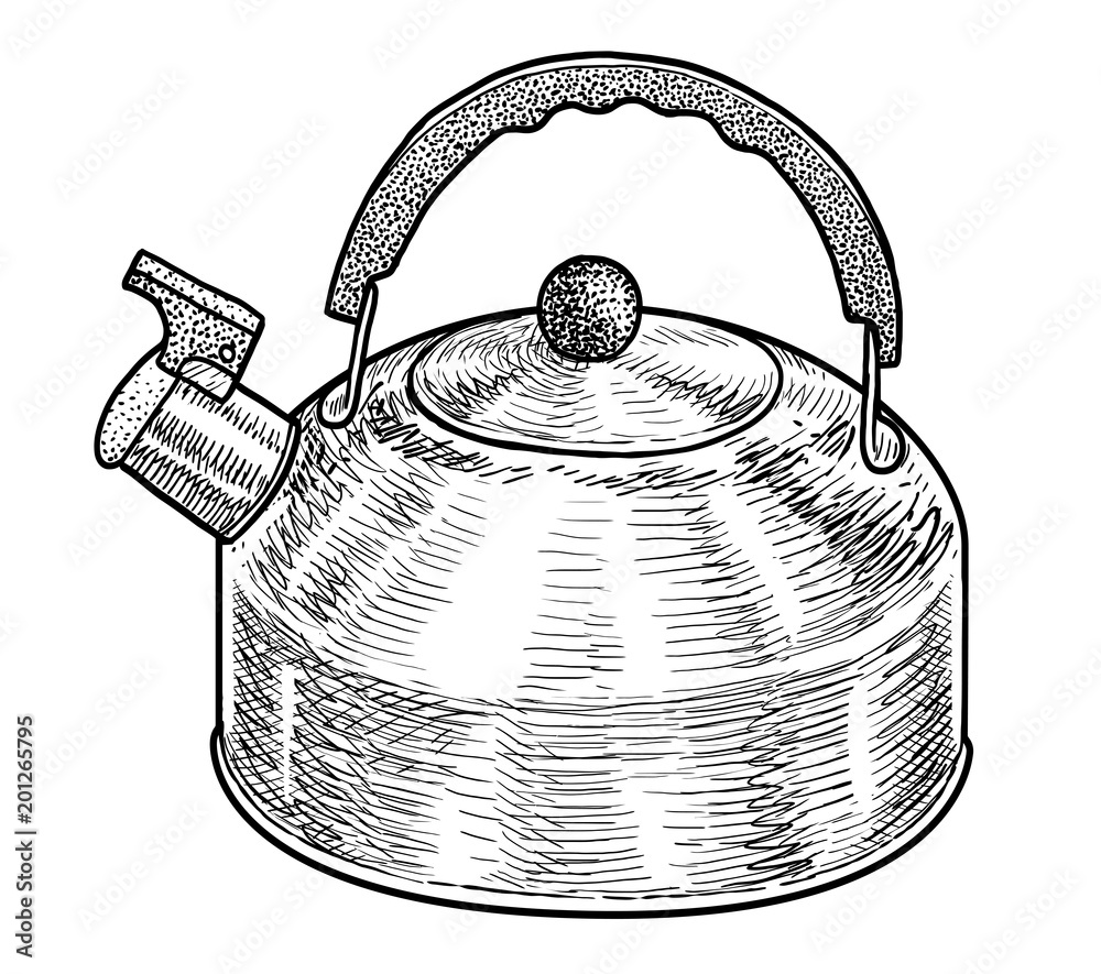 Stovetop whistling kettle illustration, drawing, engraving, ink, line ...