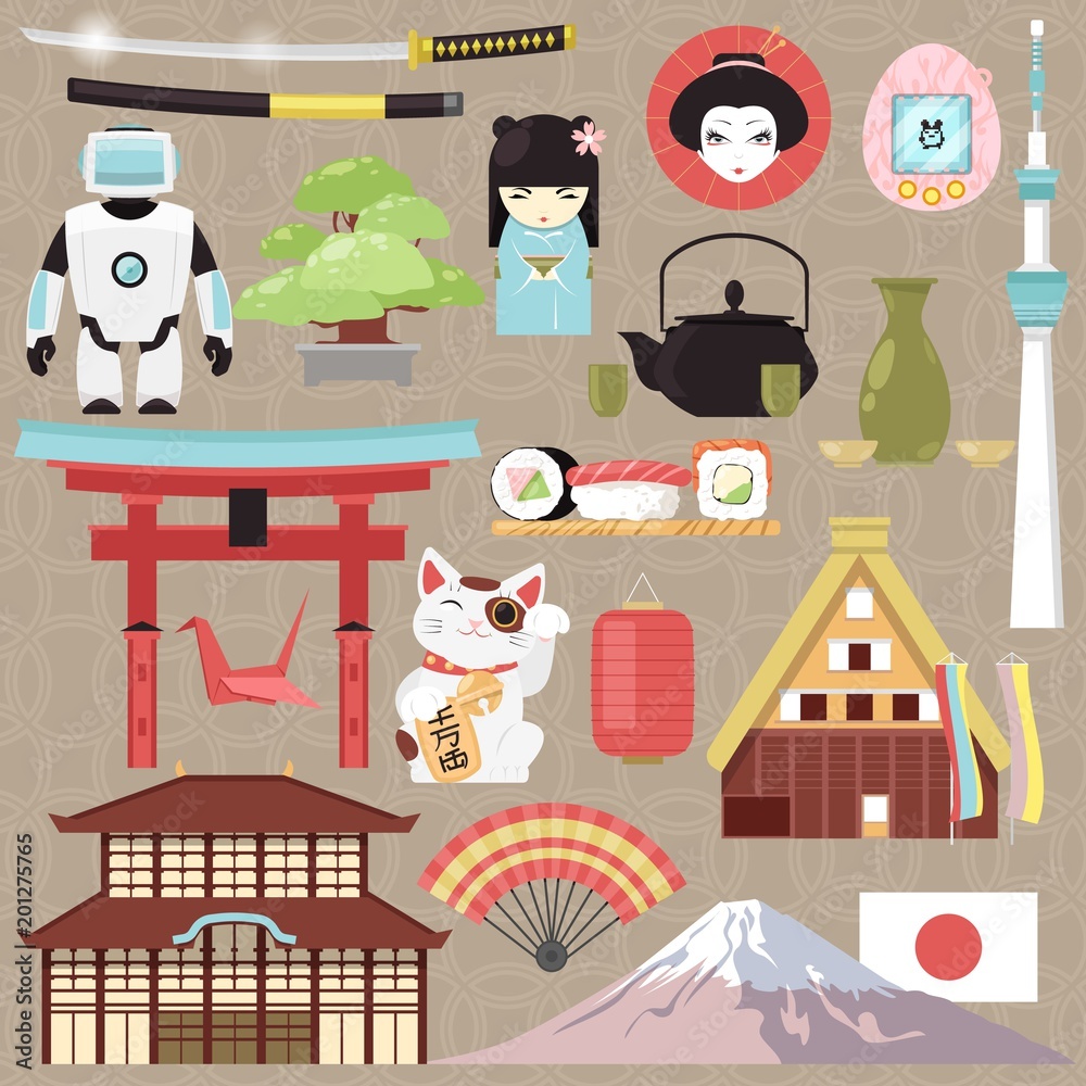 Japan vector japanese culture and architecture or oriental cuisine ...