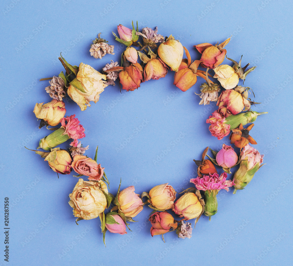 Flowers composition. Floral crown circle with pink rose. Round frame ...