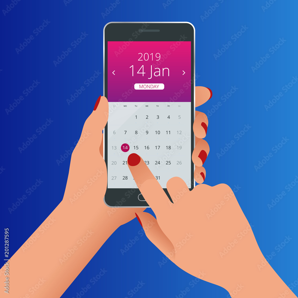 Vector Calendar for 2019 year. Hand with a smartphone with a calendar ...