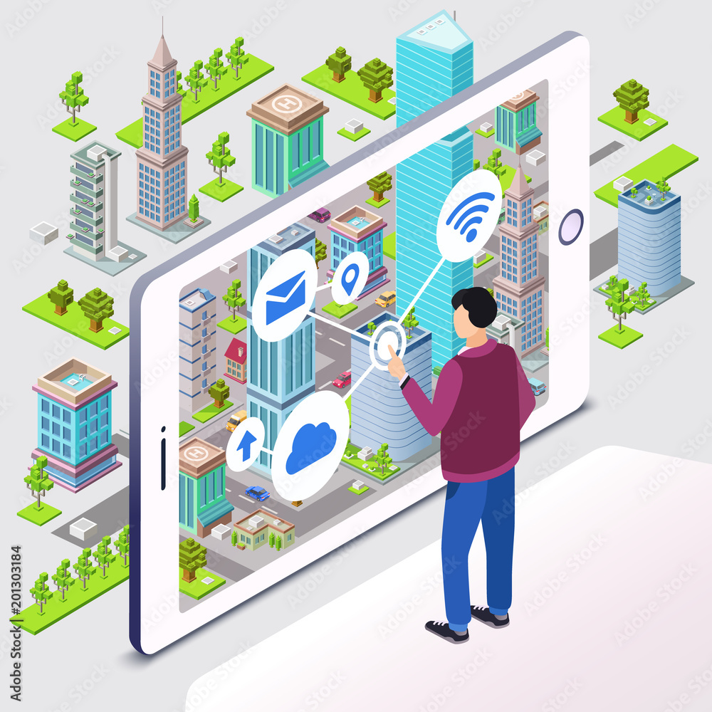 Smart city vector illustration. Man user and smartphone withresidential ...