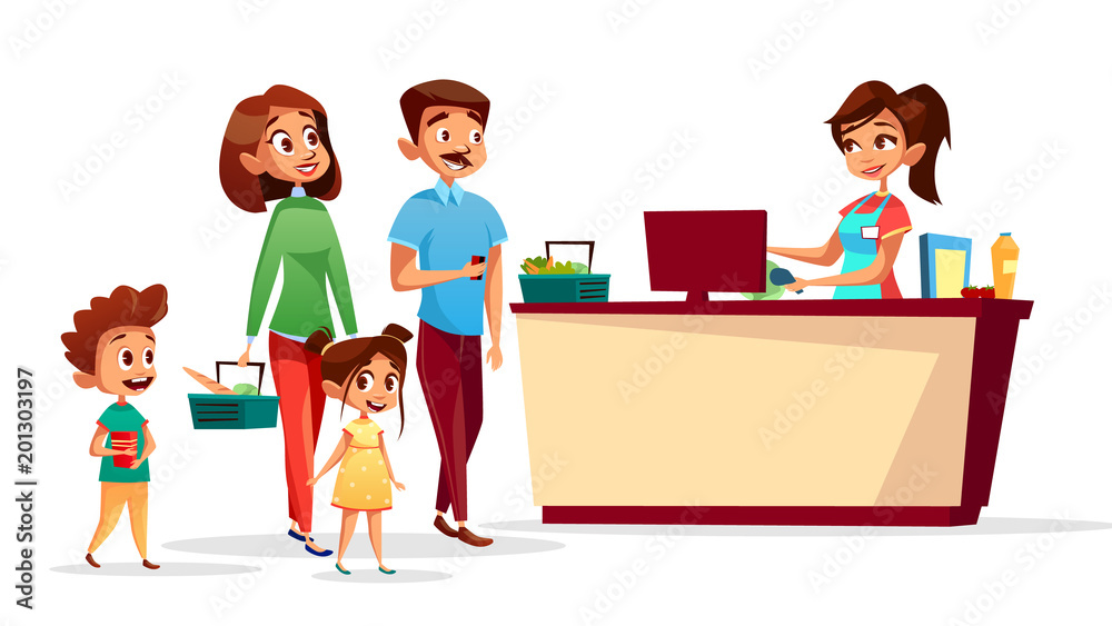 People at checkout counter vector illustration of family with children ...