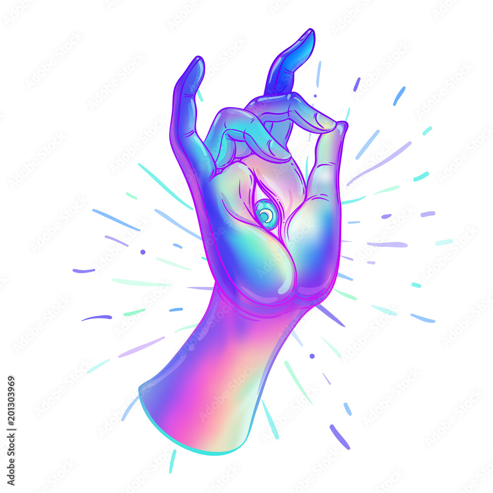Lord Buddha's hand with all-seeingl eye. Psychedelic colors. Hand drawn ...