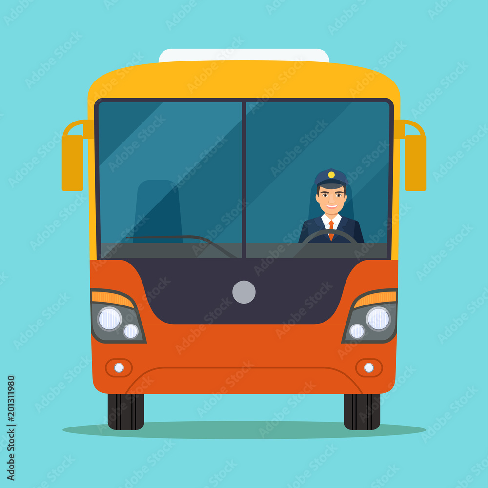 Passenger bus with Smiling driver in Windows. Vector flat style ...