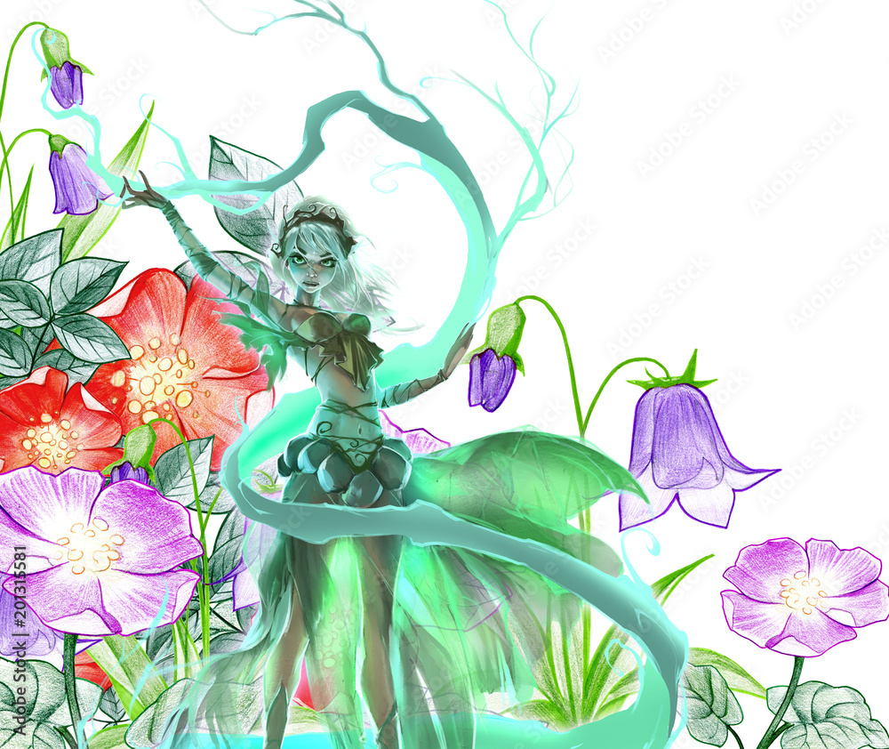 Cute cartoon colorful digital illustration of an elegant elf girl ...