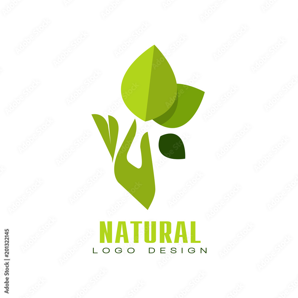 Natural logo design, healthy premium quality label with green leaves ...