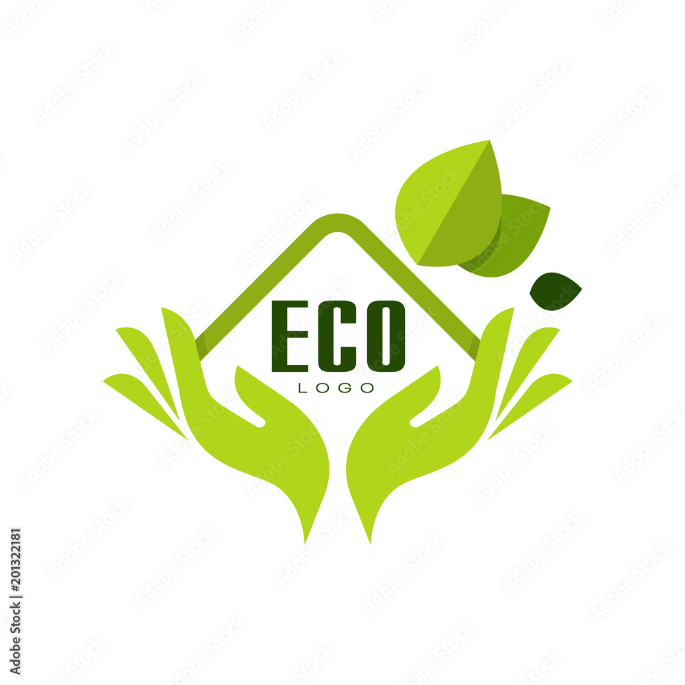 Eco logo, healthy premium quality label with green leaves and human ...