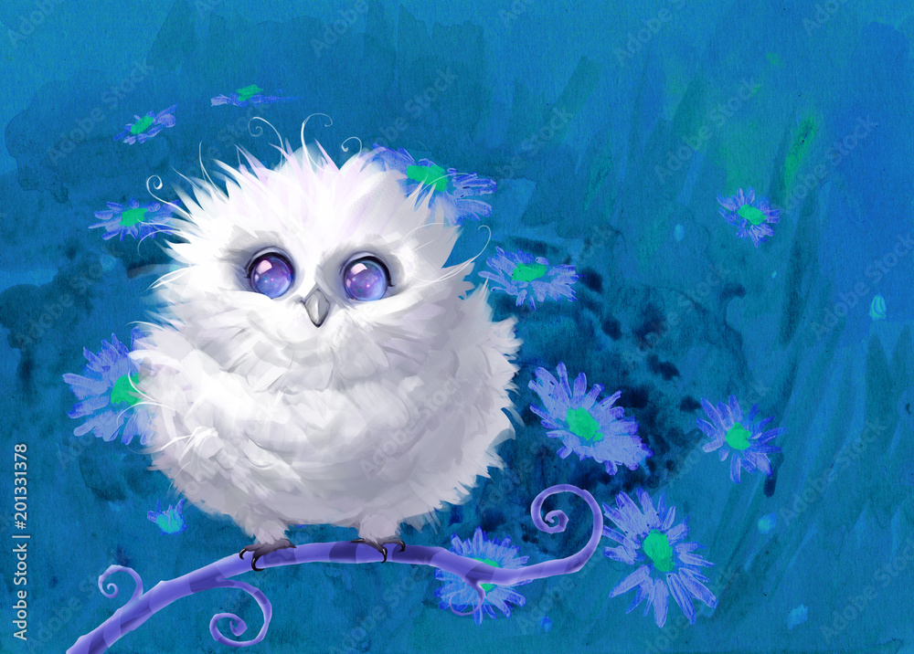 Digital raster cartoon illustration of a funny fluffy white owl with ...