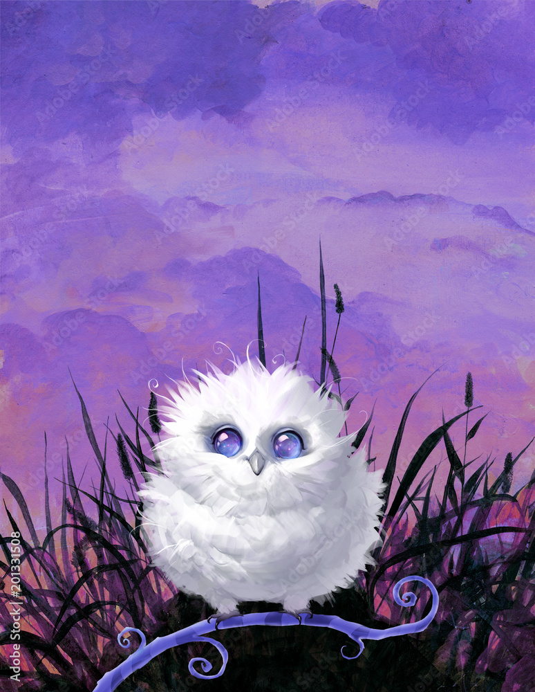 Digital raster cartoon illustration of a funny fluffy white owl with ...