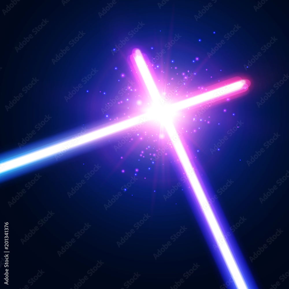 Crossing laser sabers war. Glowing rays in space. Abstract background ...