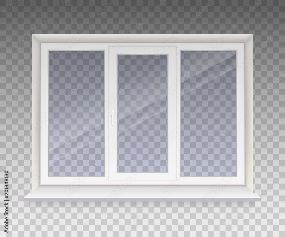 Closed window with transparent glass in a white frame. Isolated on a ...