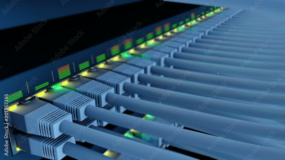 Network switch with 48 ports in a server rack. UTP patch cords plug in ...