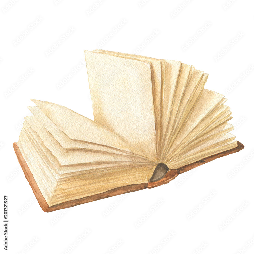 Hand drawn watercolor open book, vintage illustration isolated on white ...