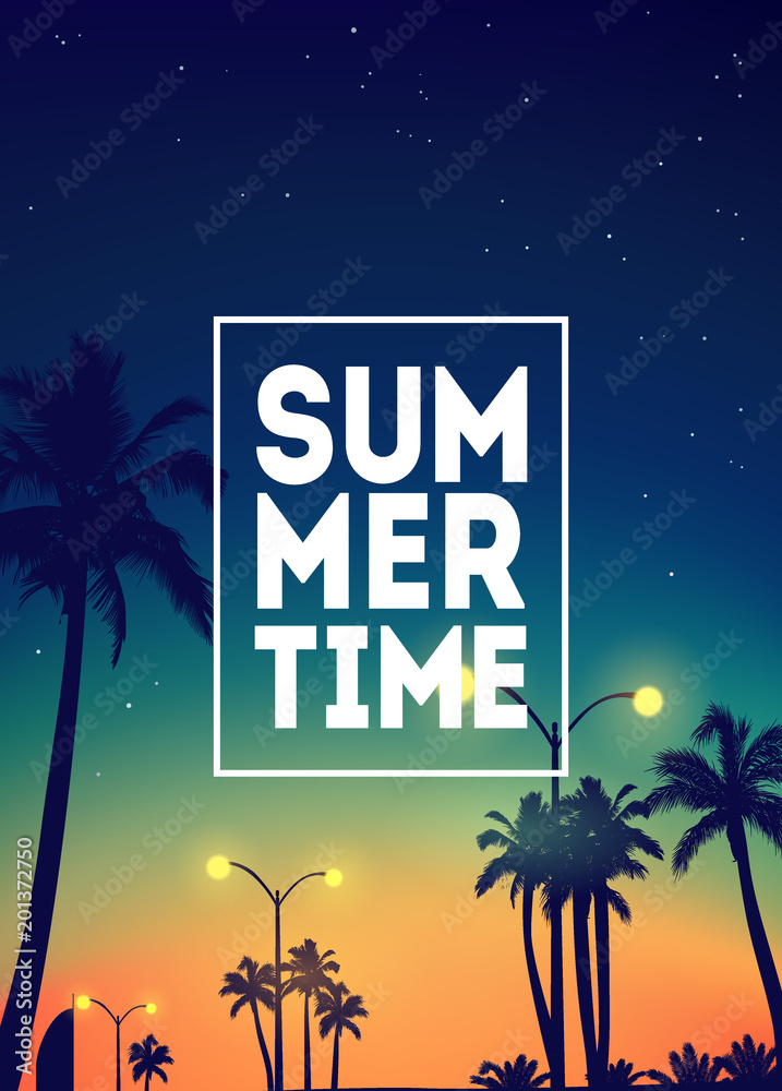 Summer tropical background with palms, sky and sunset. Summer placard ...