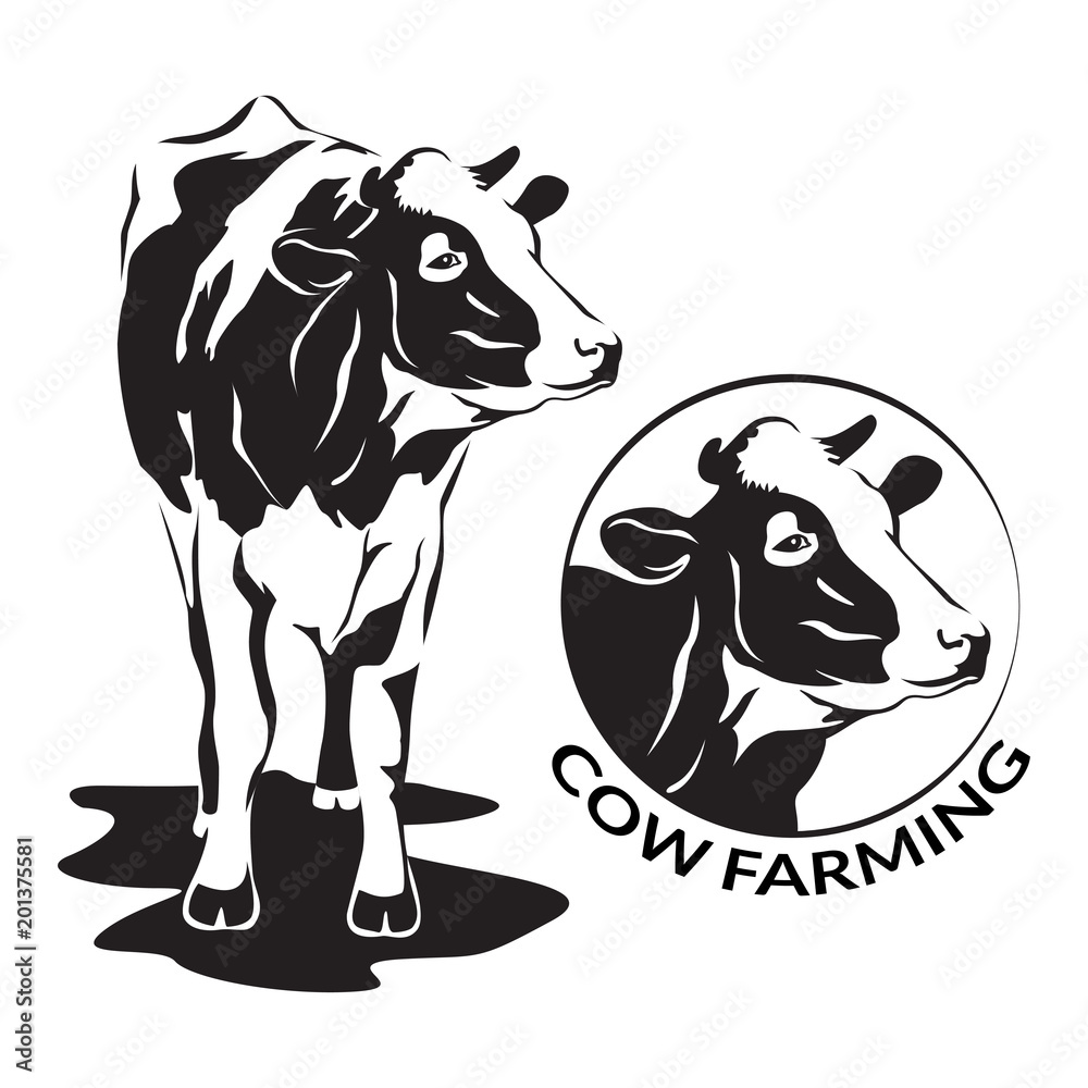 Cow stylized symbol and cow head portrait. Silhouette of farm animal ...