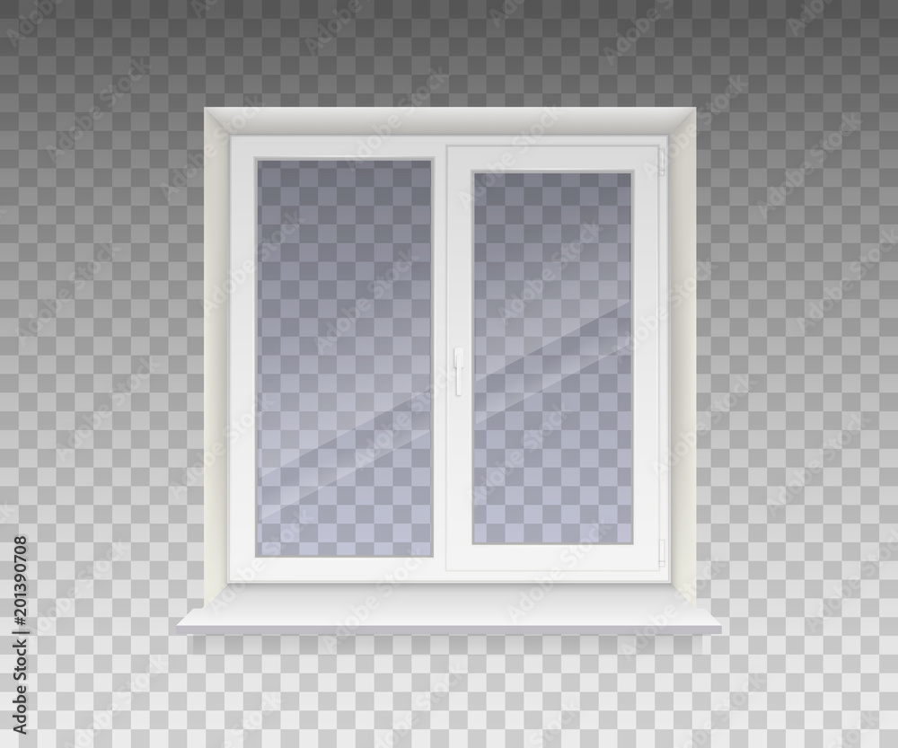 Closed window with transparent glass in a white frame. Isolated on a ...