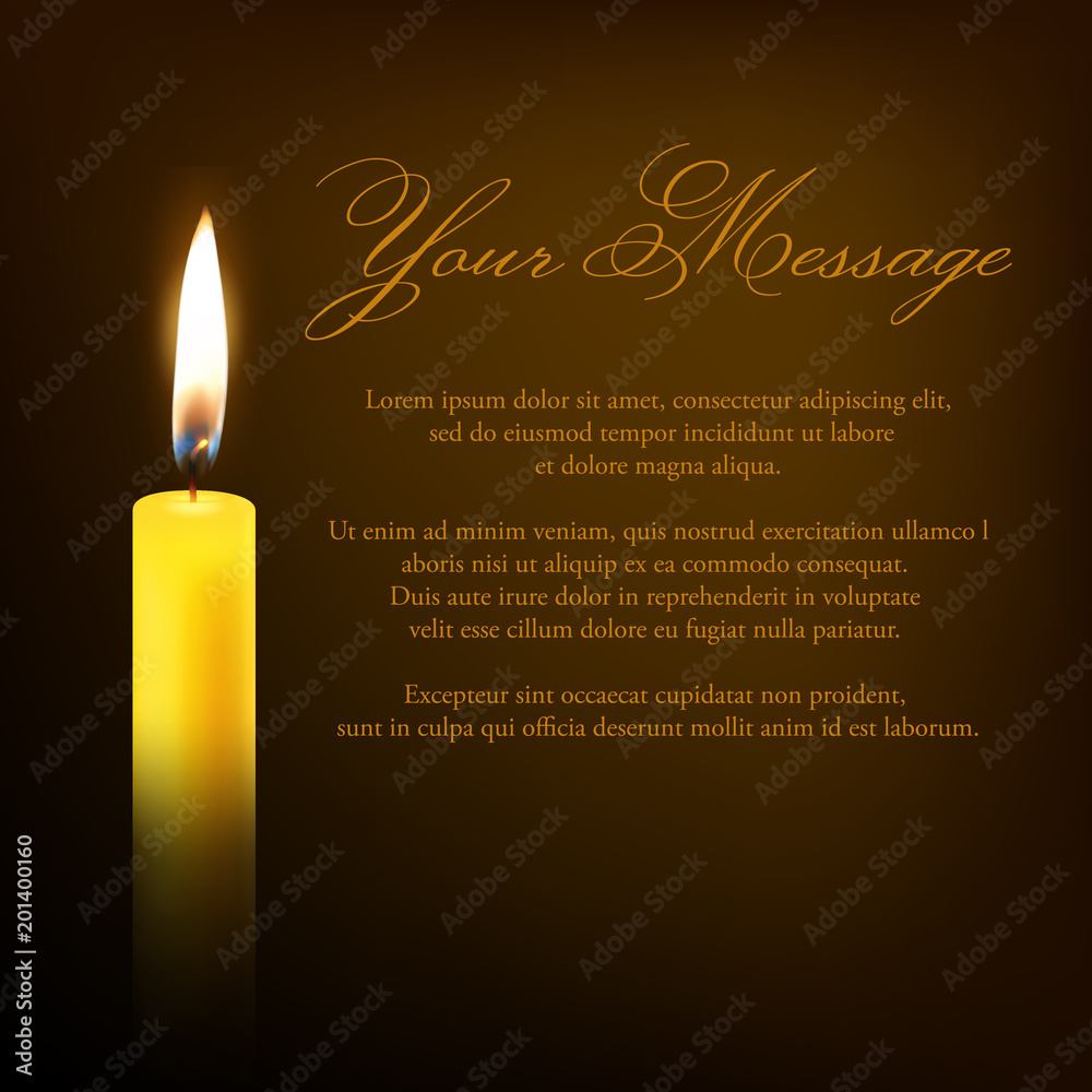 Vector funeral card with single 3d realistic yellow orange paraffin wax ...