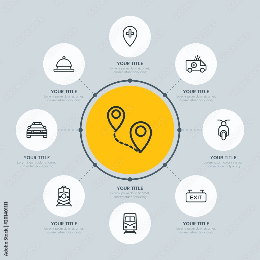 Circle network chart transports, hotel, location infographic template ...