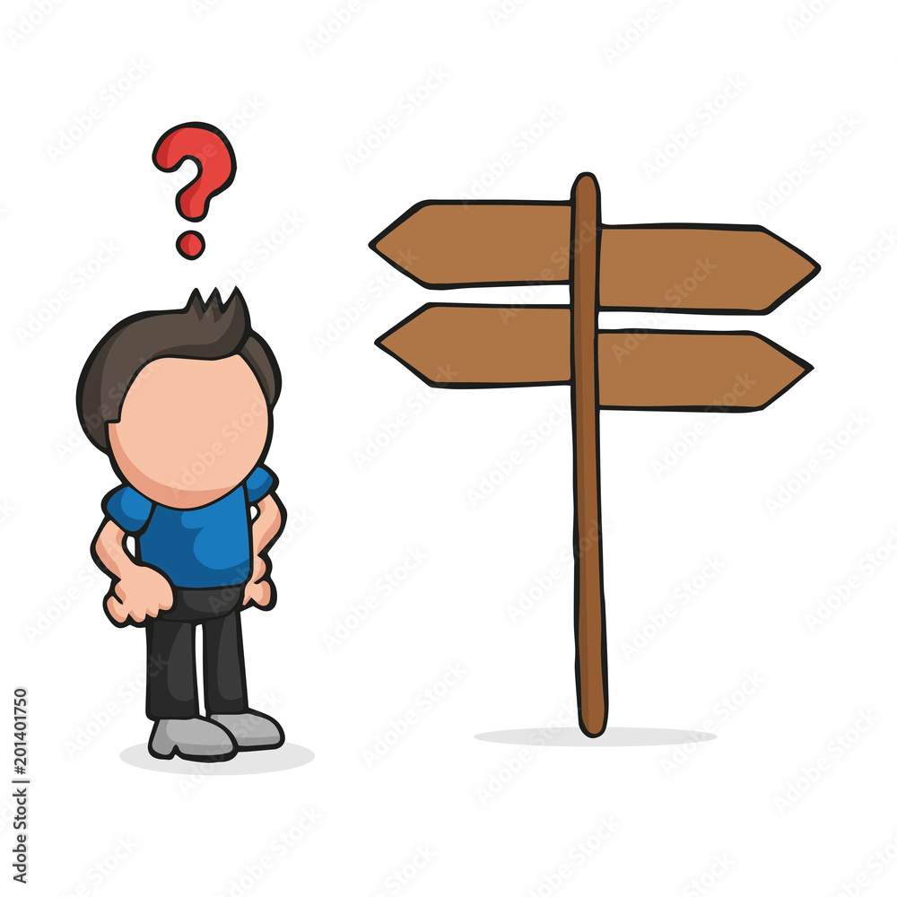 Vector hand-drawn cartoon of confused lost man standing in front of ...