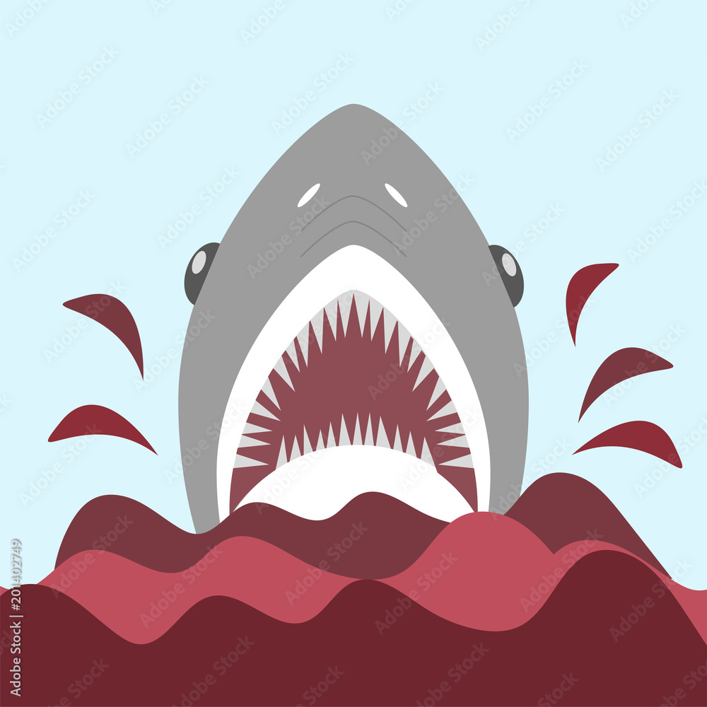 Bloody shark with open mouth. On the red waves Vector illustration in ...