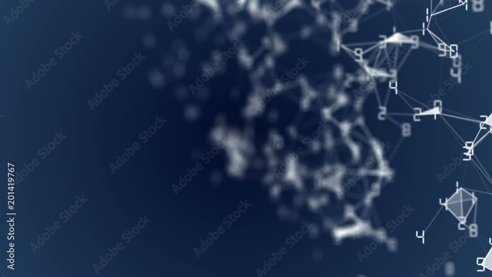 Movement of related particles. Work blockchain. White numbers. Plexus business background. Dark ...