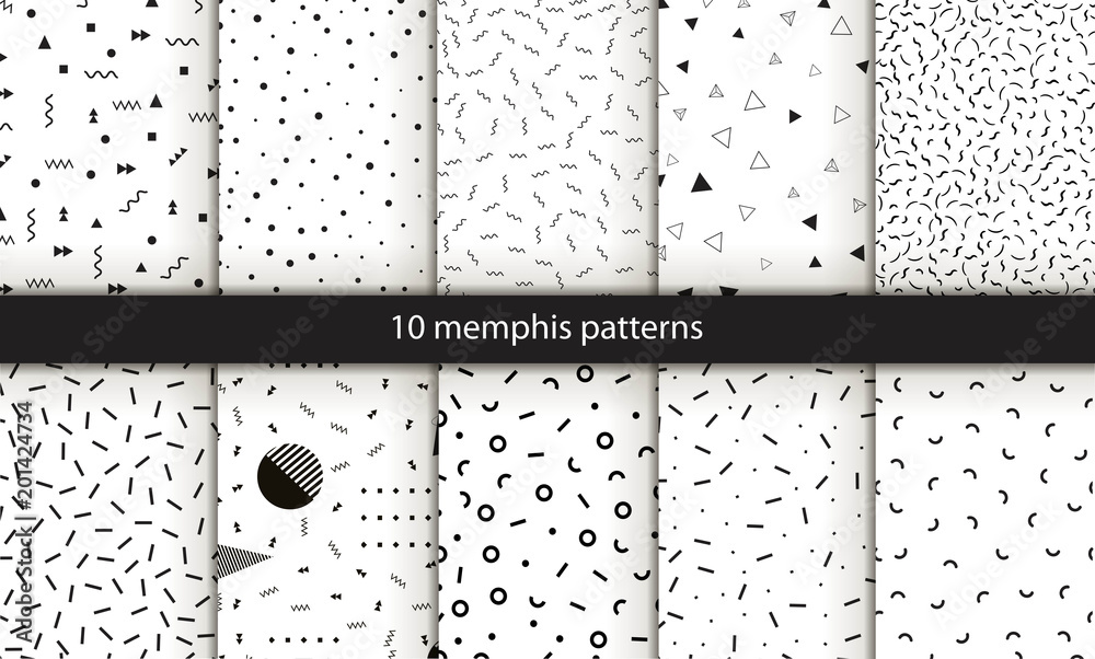 Set of geometric patterns in the Memphis style. 10 black-and-white ...