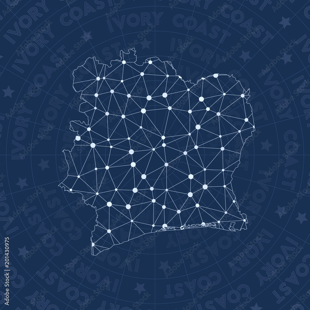 Ivory Coast network, constellation style country map. Delicate space ...
