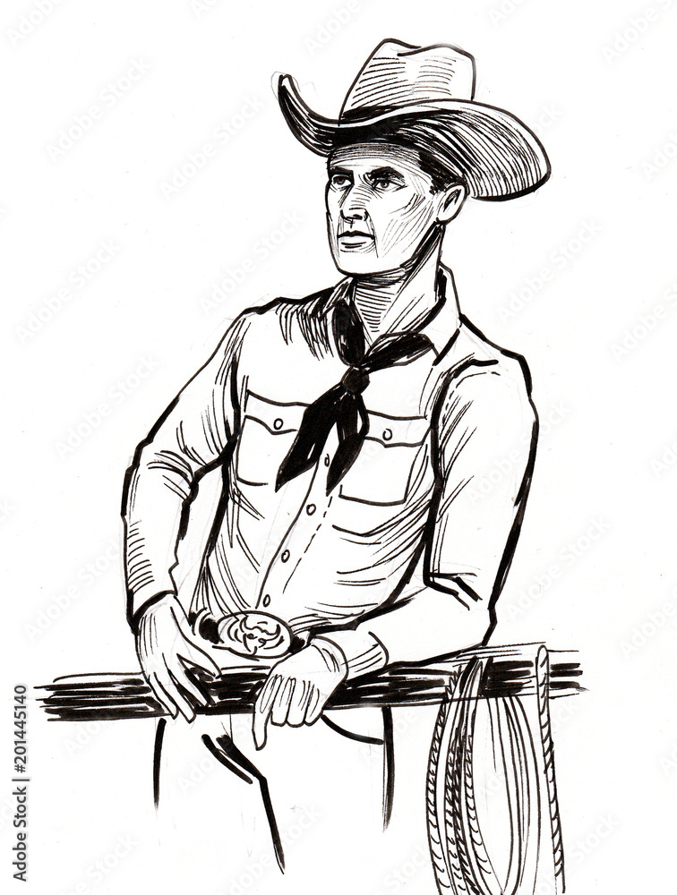 Ink black and white drawing of a cowboy with a lasso Stock Illustration ...