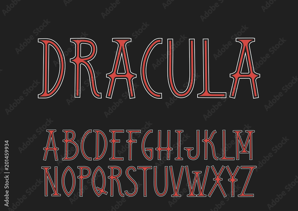 Vector uppercase red and white font "Dracula" in the Art Nouveau style ...