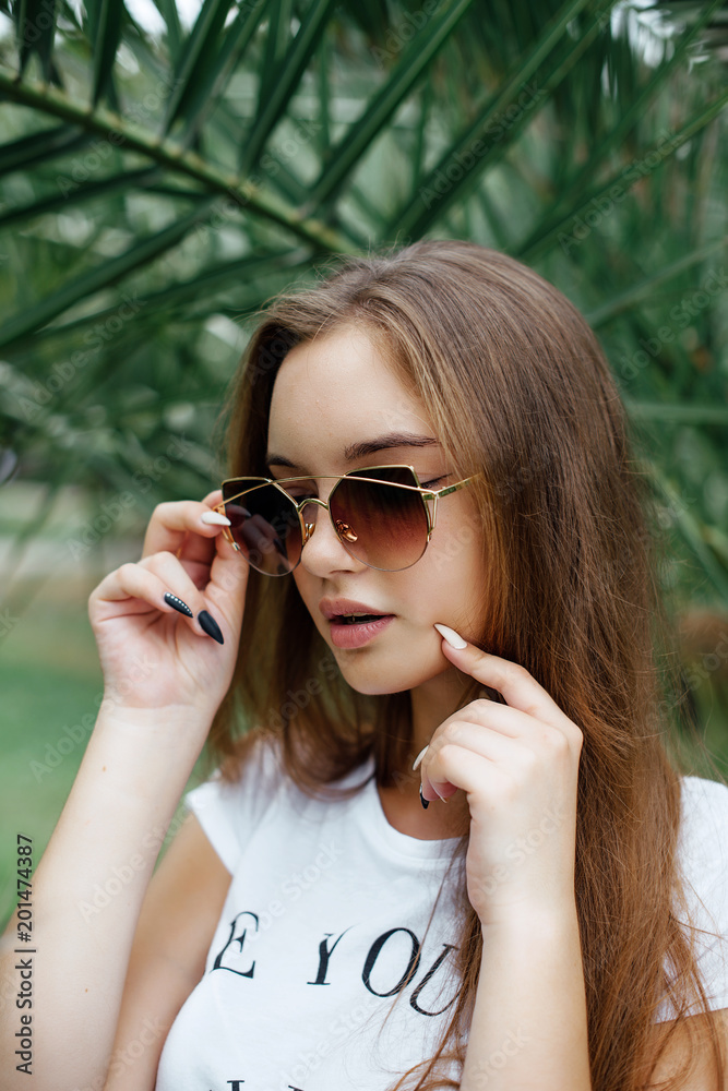 Fashion Portrait of Stylish Beautiful Girl in Palm Trees. Beautiful ...