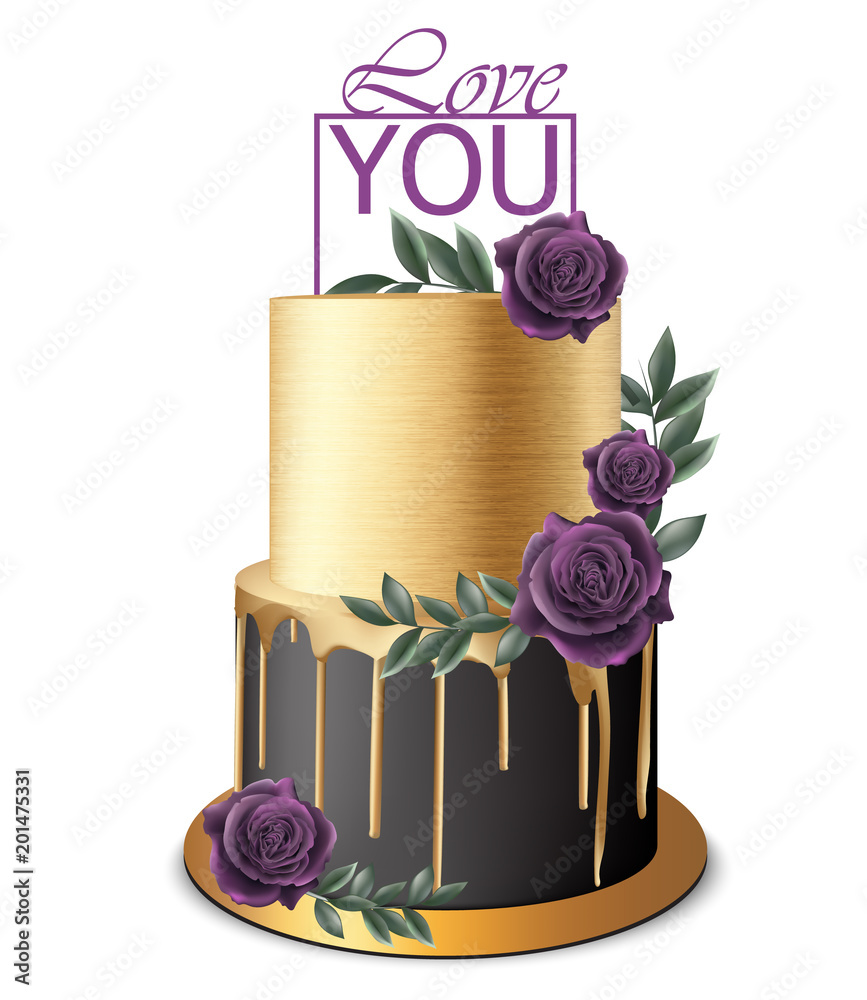 Luxury Gold cake Vector realistic. Birthday, anniversary, wedding royal ...