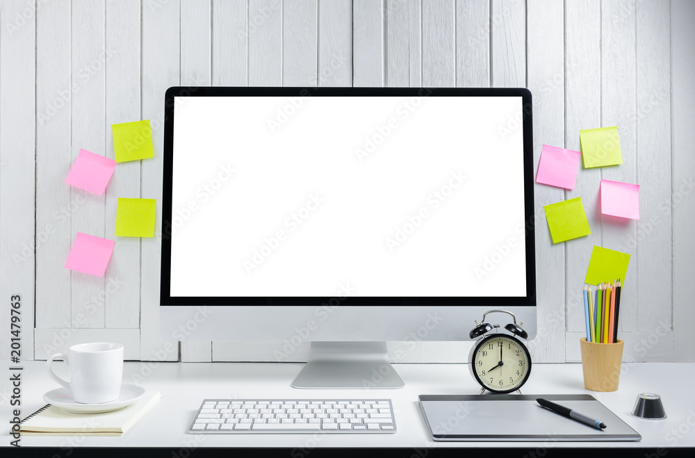 workplace background for designers with Blank white screen modern ...