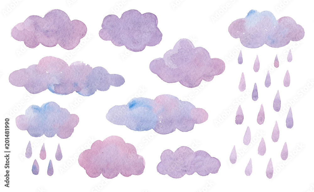 Set of watercolor clouds with rain isolated on white background. Hand ...