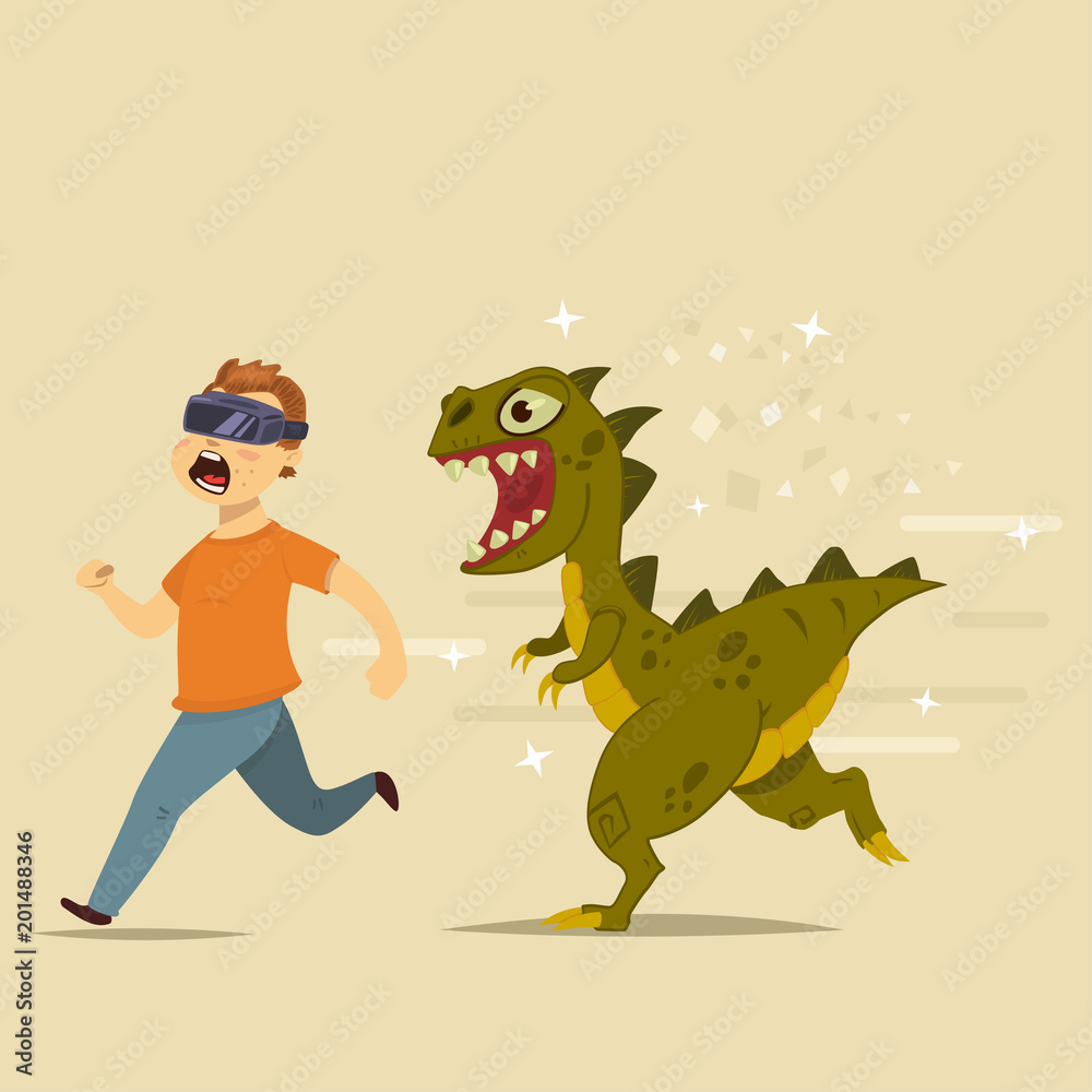 Man with virtual reality glasses running away from dinosaur T-Rex ...