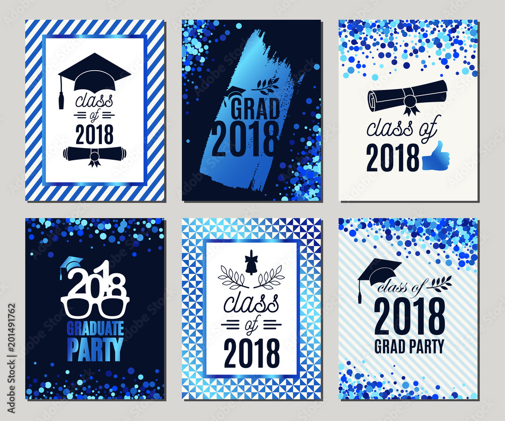 Graduation Class of 2018 blue glitter greeting cards set. Vector party ...
