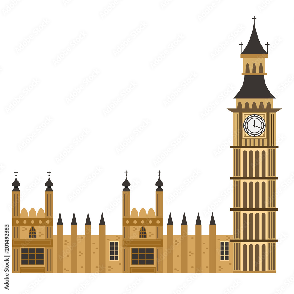 Big Ben clock tower. Vector flat icon of London building isolated on ...