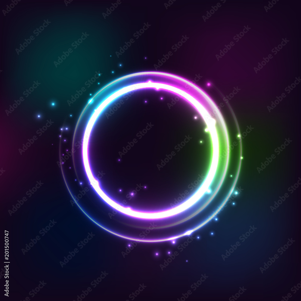 Neon circle. Round frame with glowing and light. Electric bright 3d ...