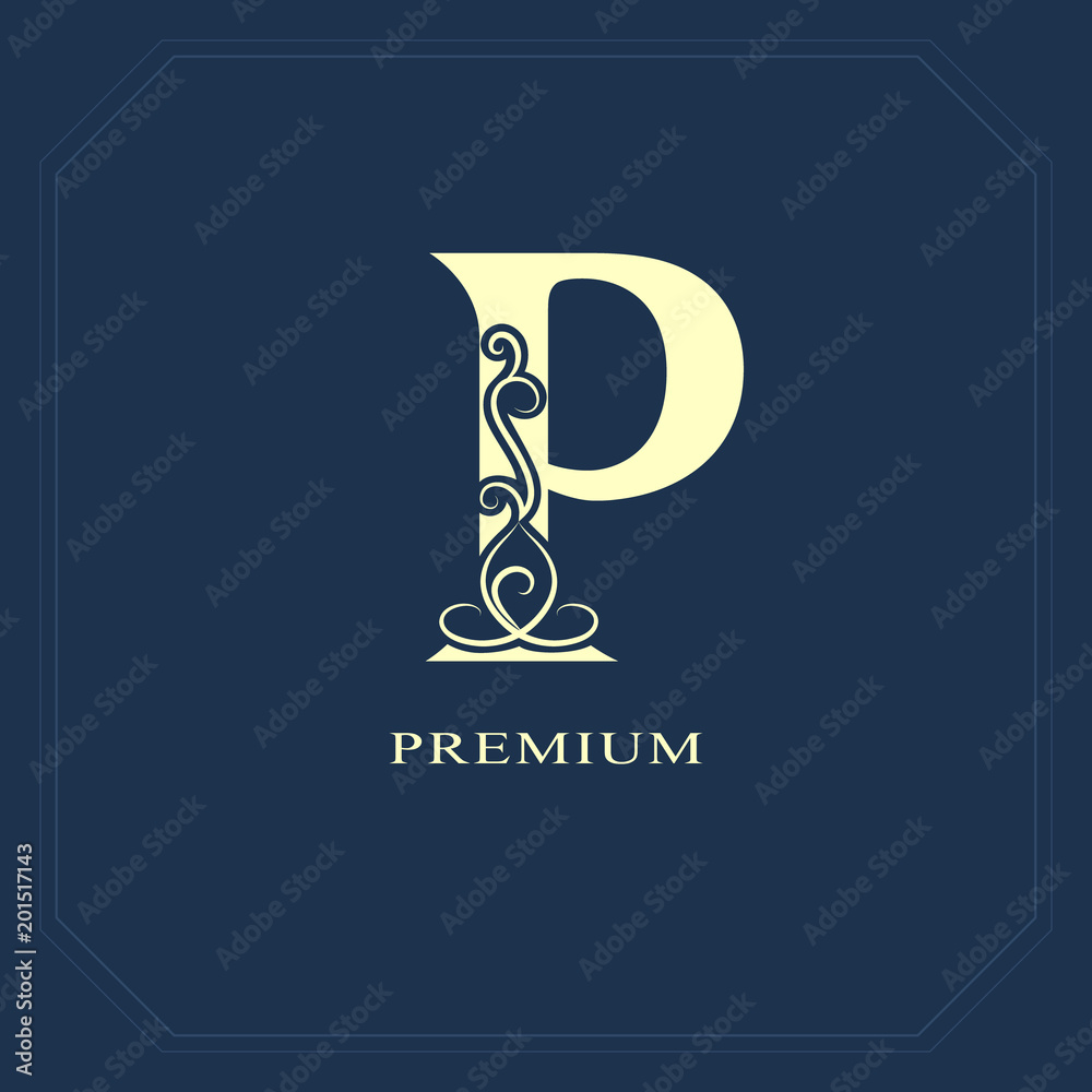 Capital letter P. Calligraphic beautiful logo with tape for labels ...