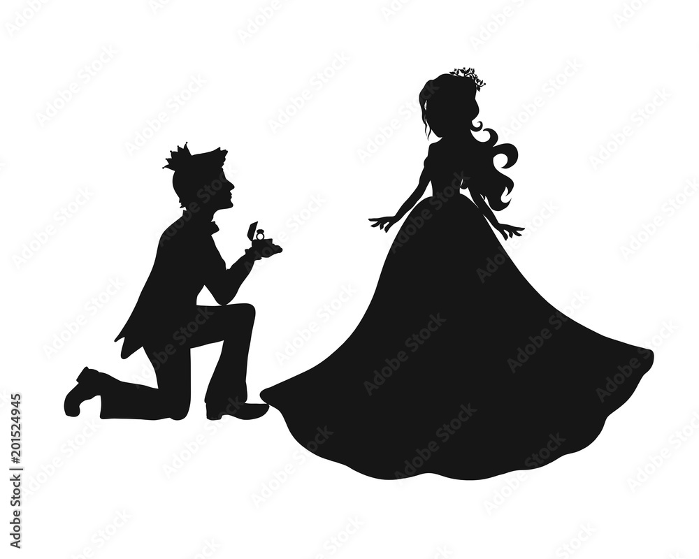 Prince with a wedding ring kneels in front of the princess Stock ...